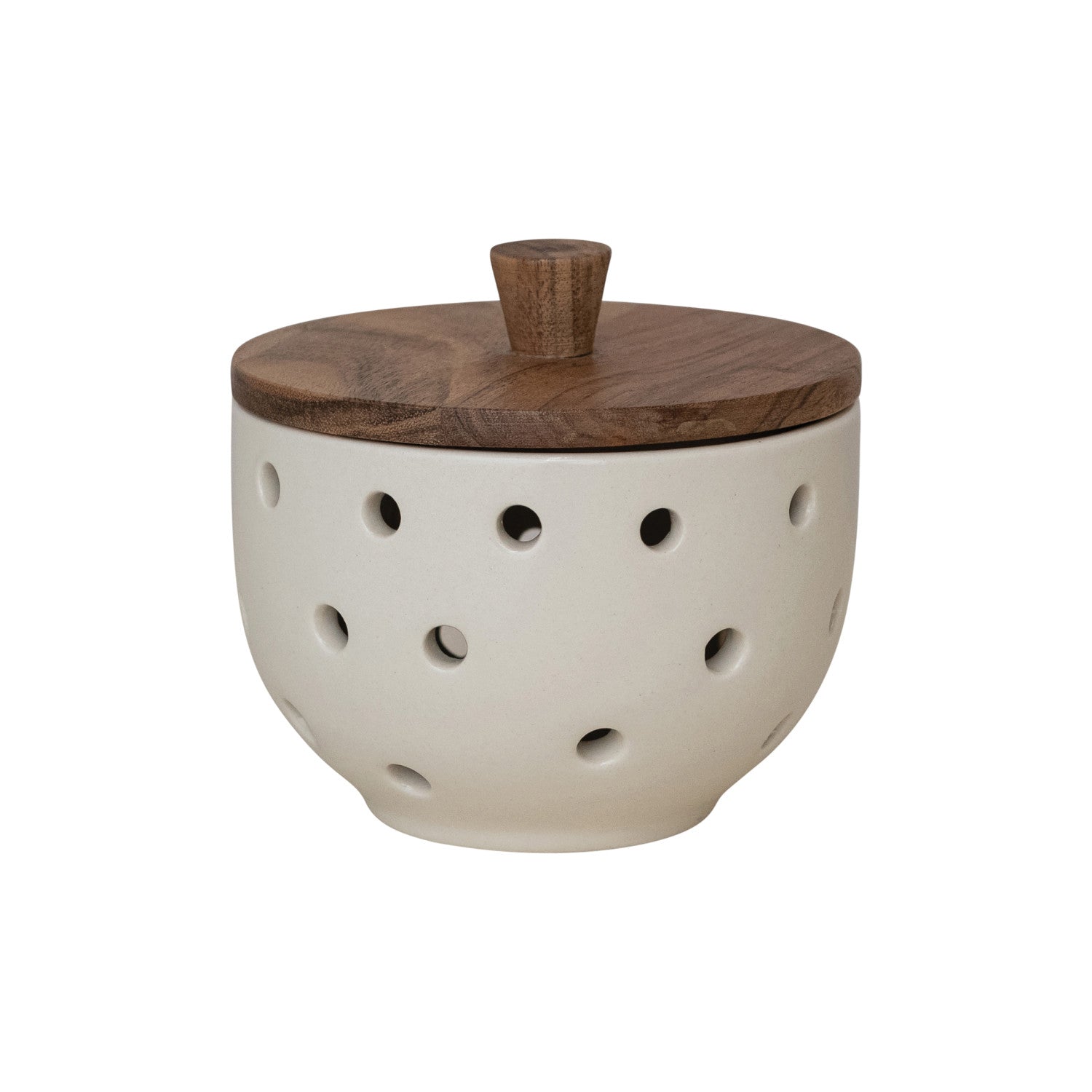 Stoneware Garlic/Onion Keeper w/ Mango Wood Lid, Cream Color & Natural ...